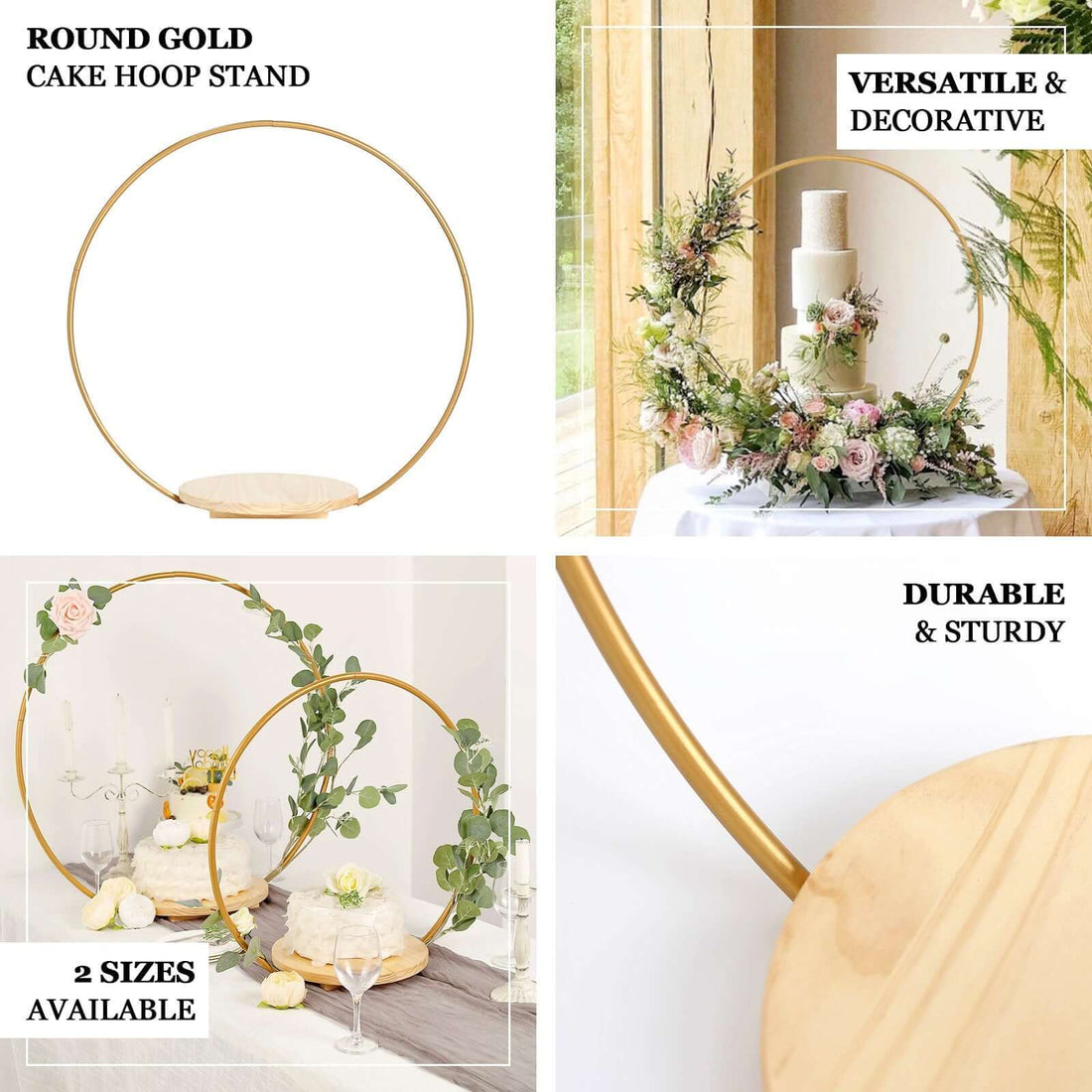 Metal Round Floral Hoop Cake Stand 33" Gold | eFavormart