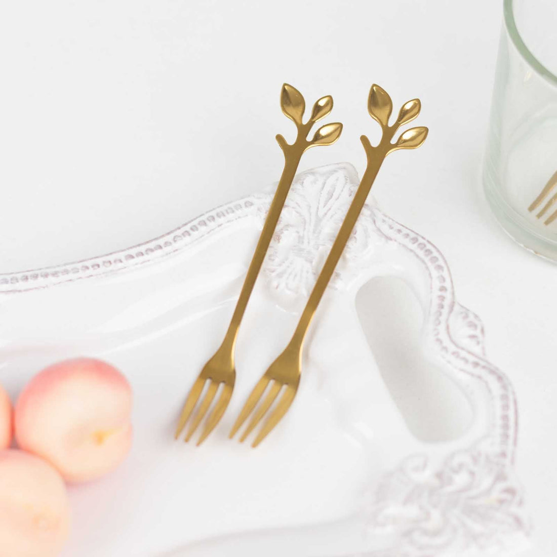 Gold Metal Leaf Handle Dessert Forks 4-Pack | eFavormart