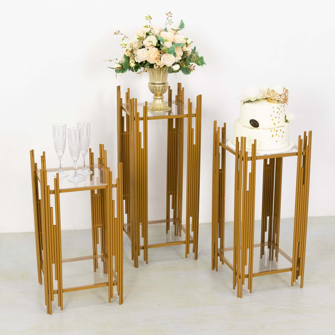 Set of 3 Metal Plinth Pedestal Stands Gold | eFavormart