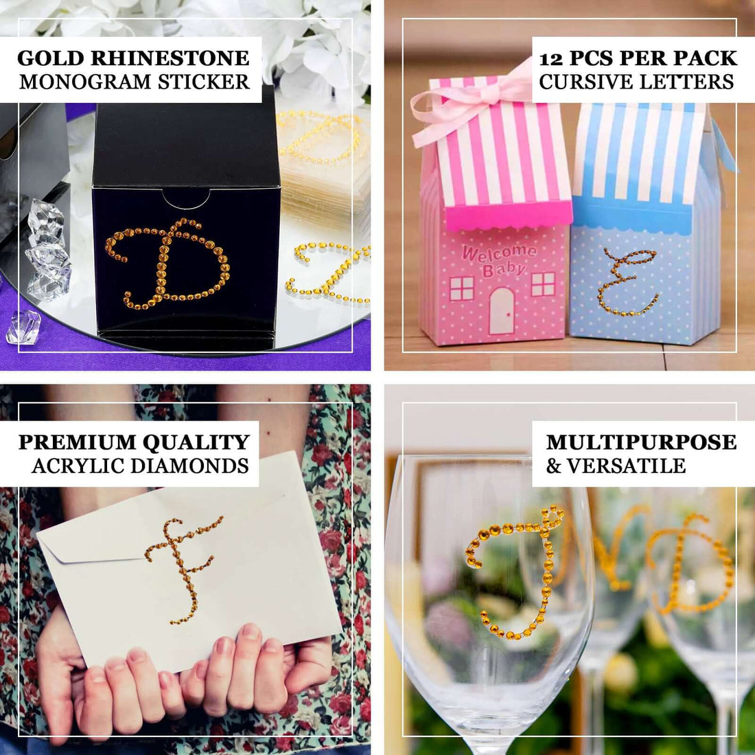 12-Pack Gold Rhinestone Monogram Letter "H" Stickers | eFavormart