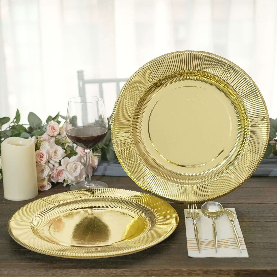 Paper Round Sunray Dinner Plates 10" Metallic Gold | eFavormart