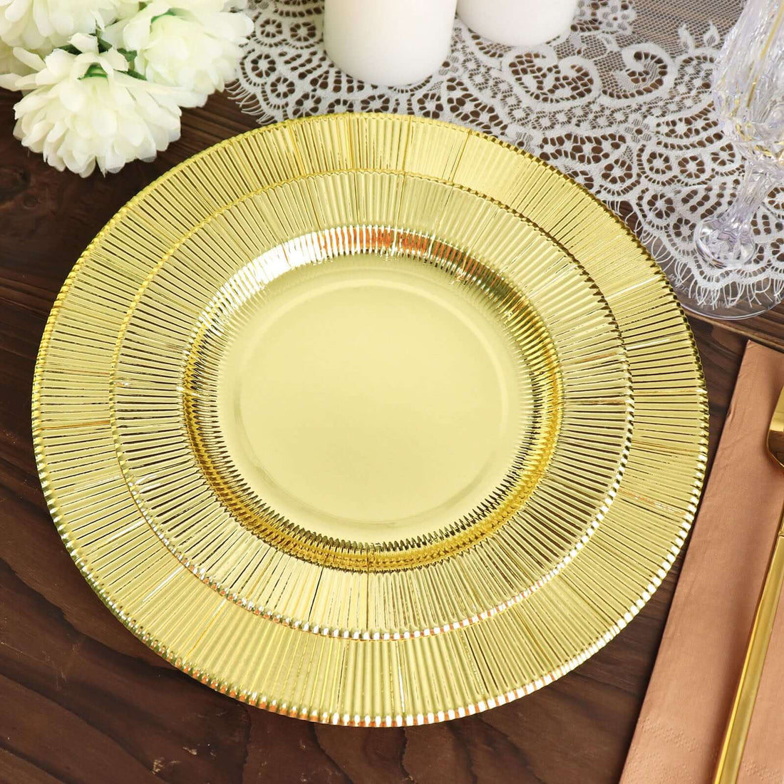 Paper Round Sunray Dinner Plates 10" Metallic Gold | eFavormart
