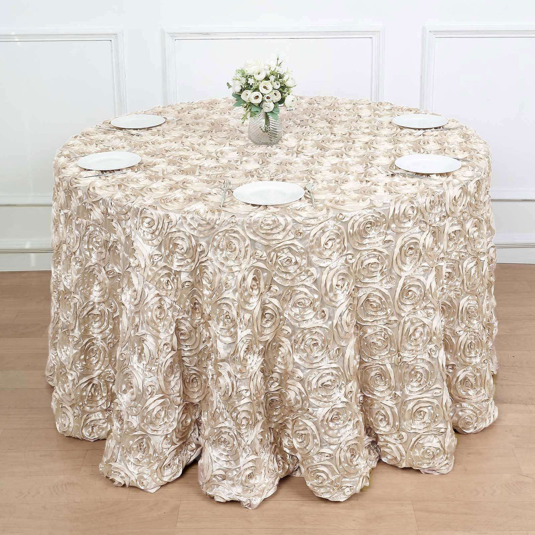 3D Rosette Satin Tablecloth 120” Beige | eFavormart