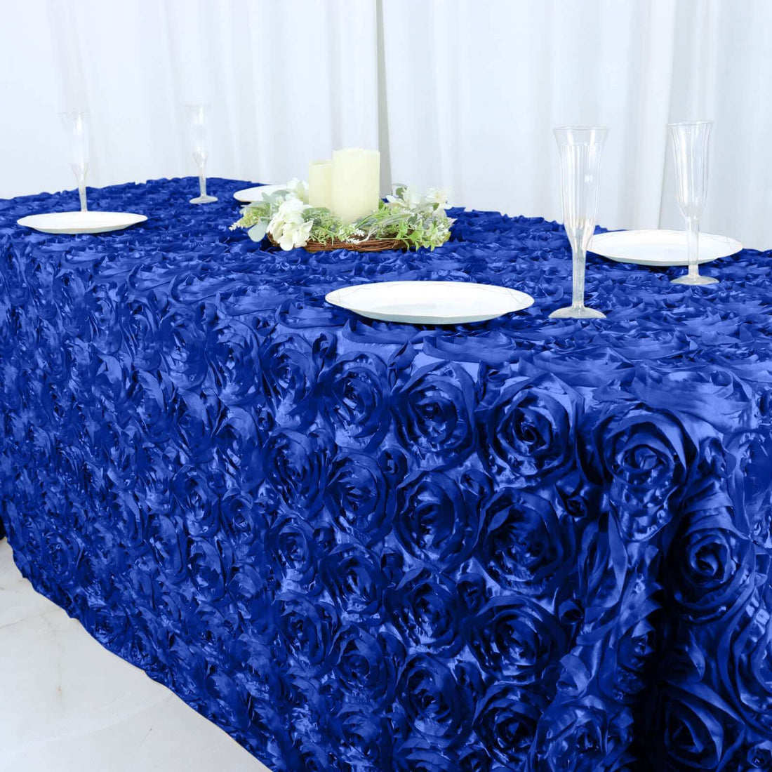 Rosette Satin Tablecloth 90"x132" Royal Blue | eFavormart