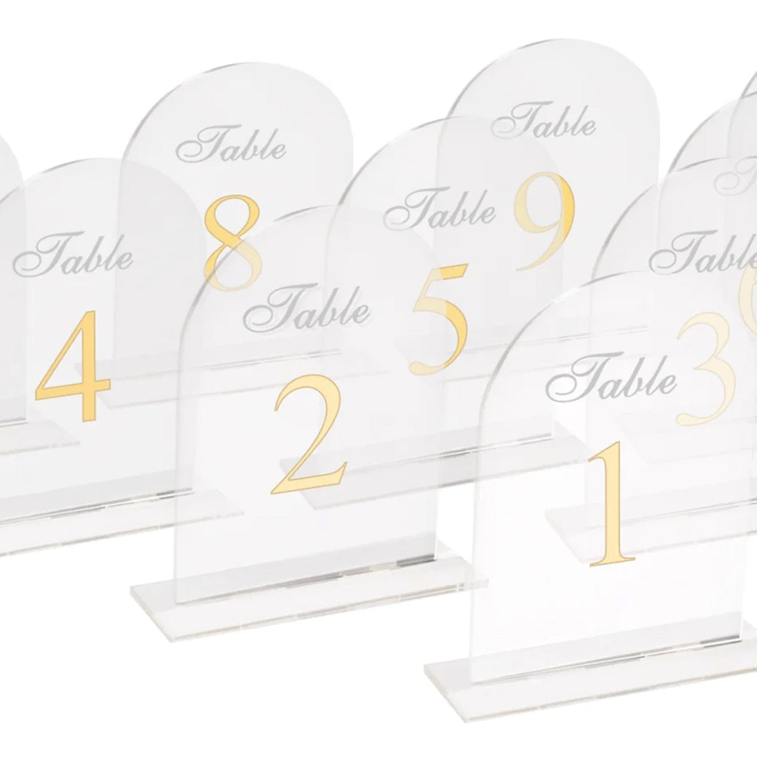 Clear Arch Acrylic Table Numbers – Gold Print | eFavormart