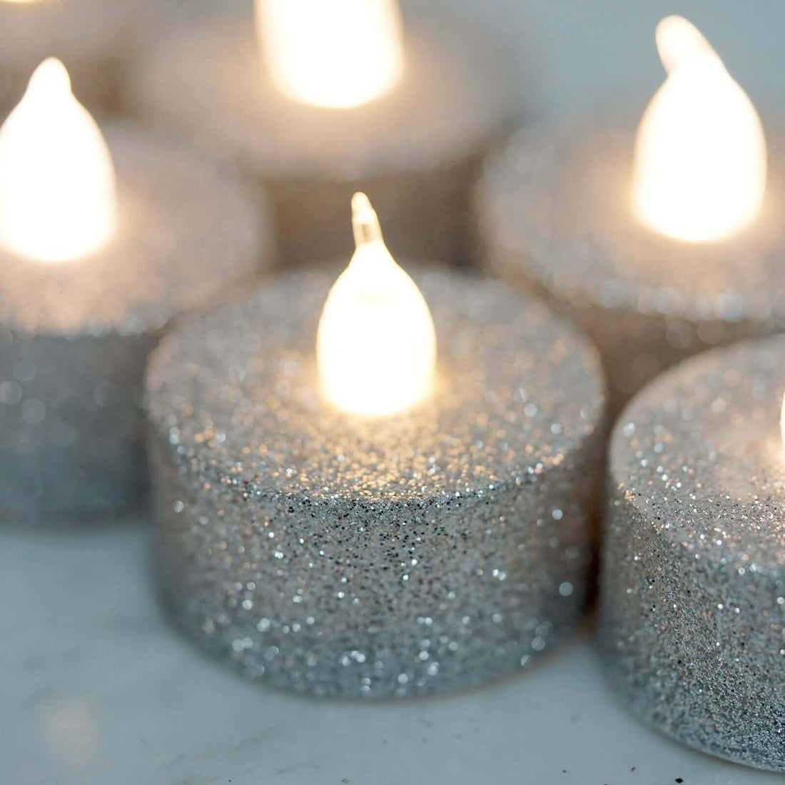 LED Tealight Candles Glitter Silver | eFavormart