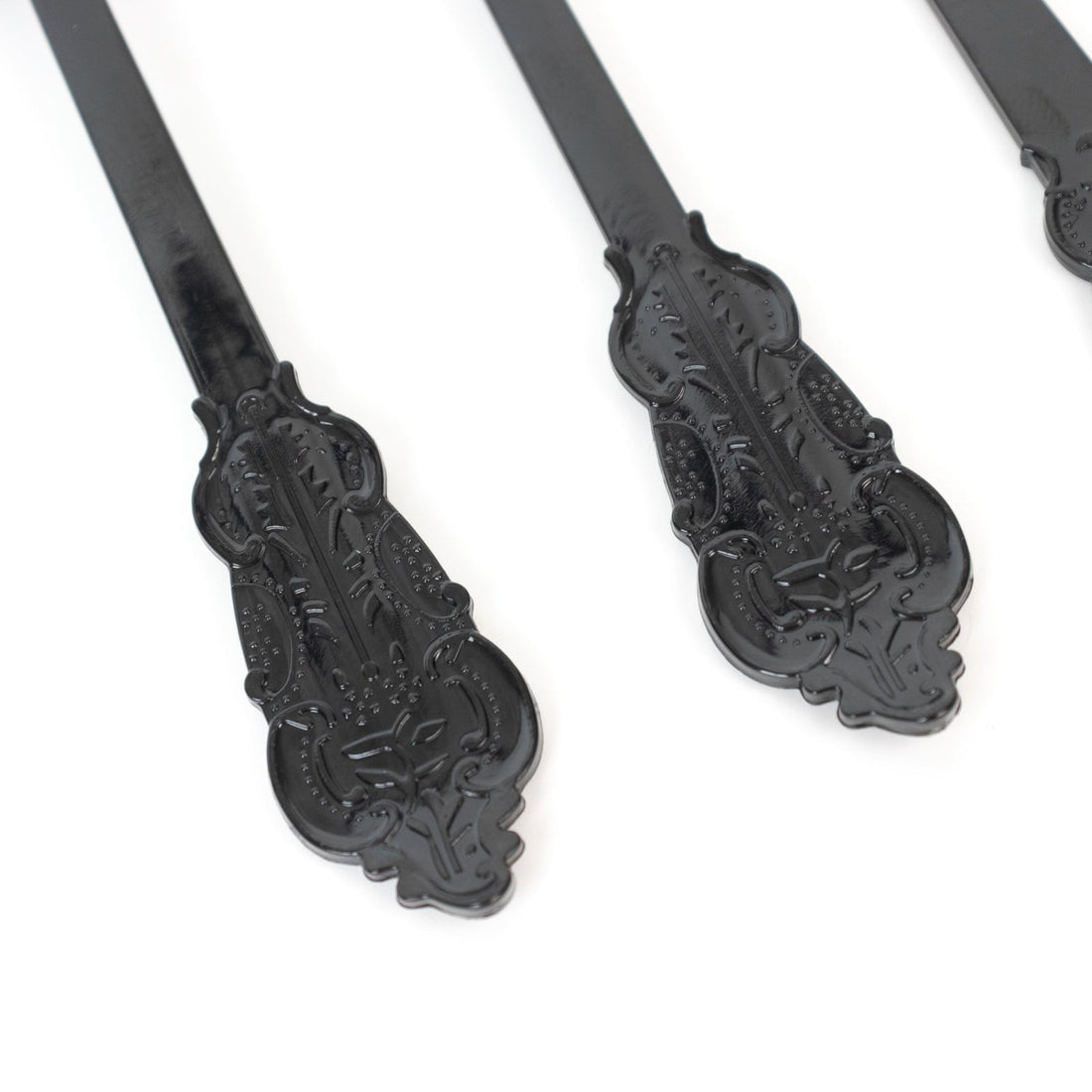 72 Pcs Black Baroque Plastic Silverware Set | eFavormart
