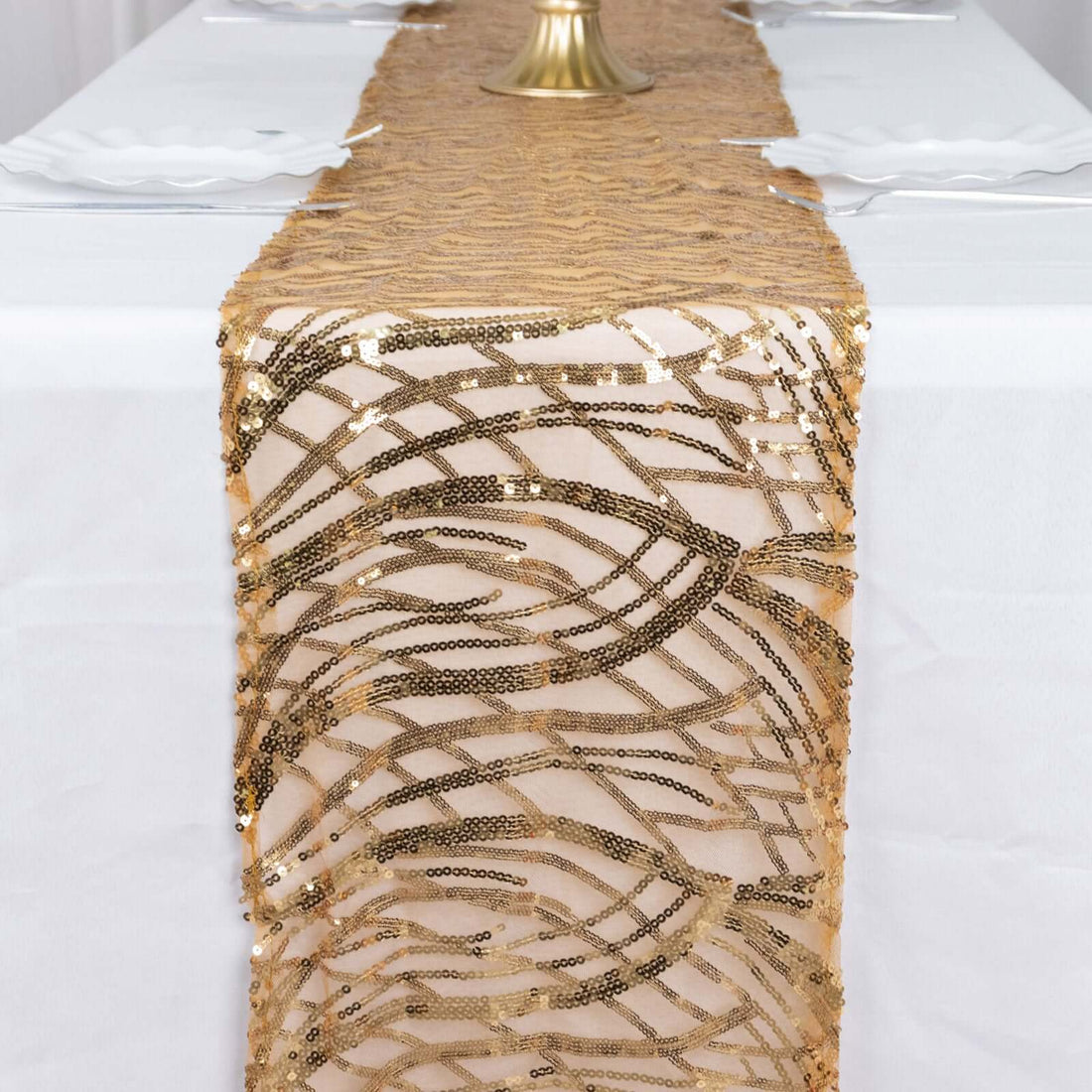 Wave Sequin Table Runner 12"x108" Gold | eFavormart