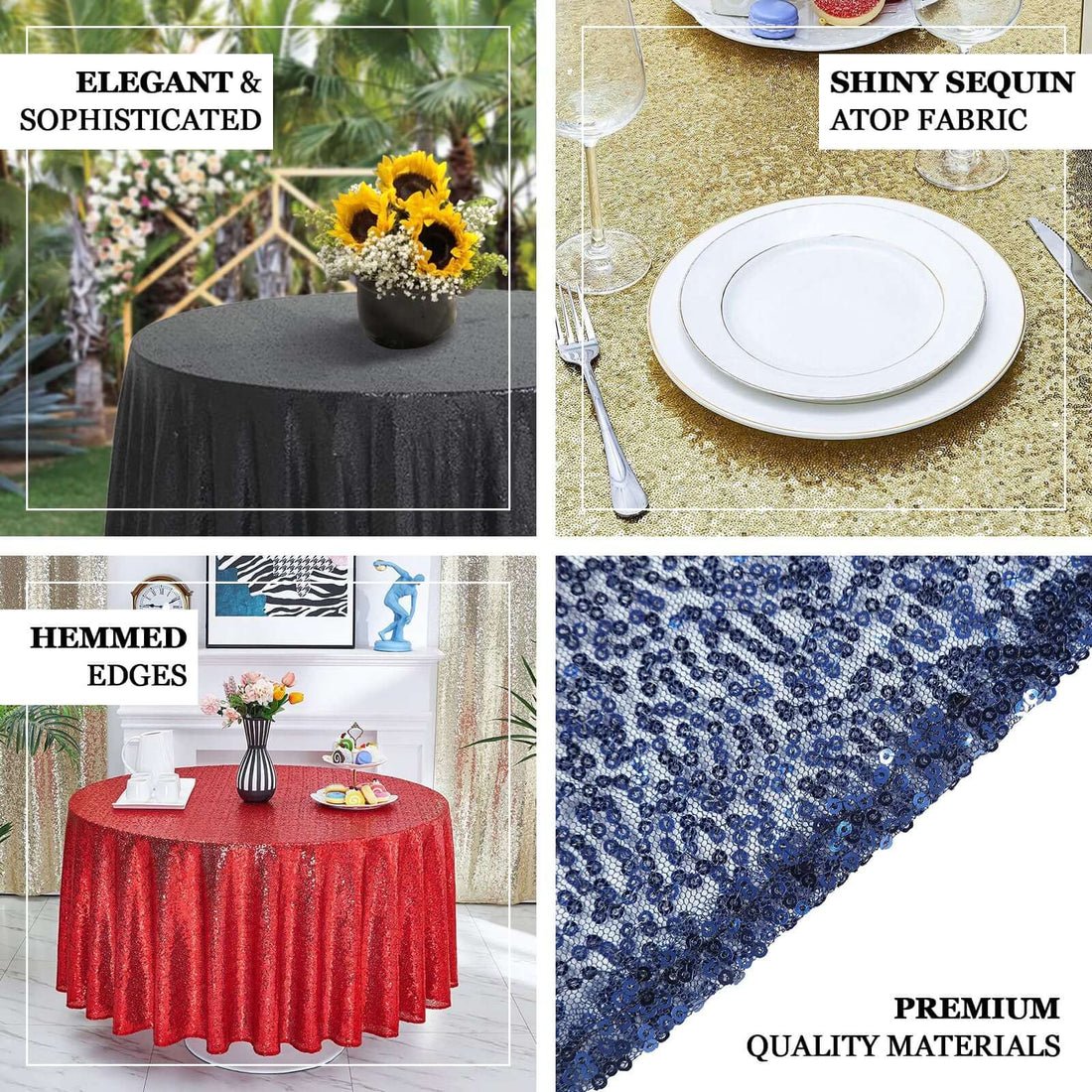 Sequin Round Tablecloth 136" Black | eFavormart