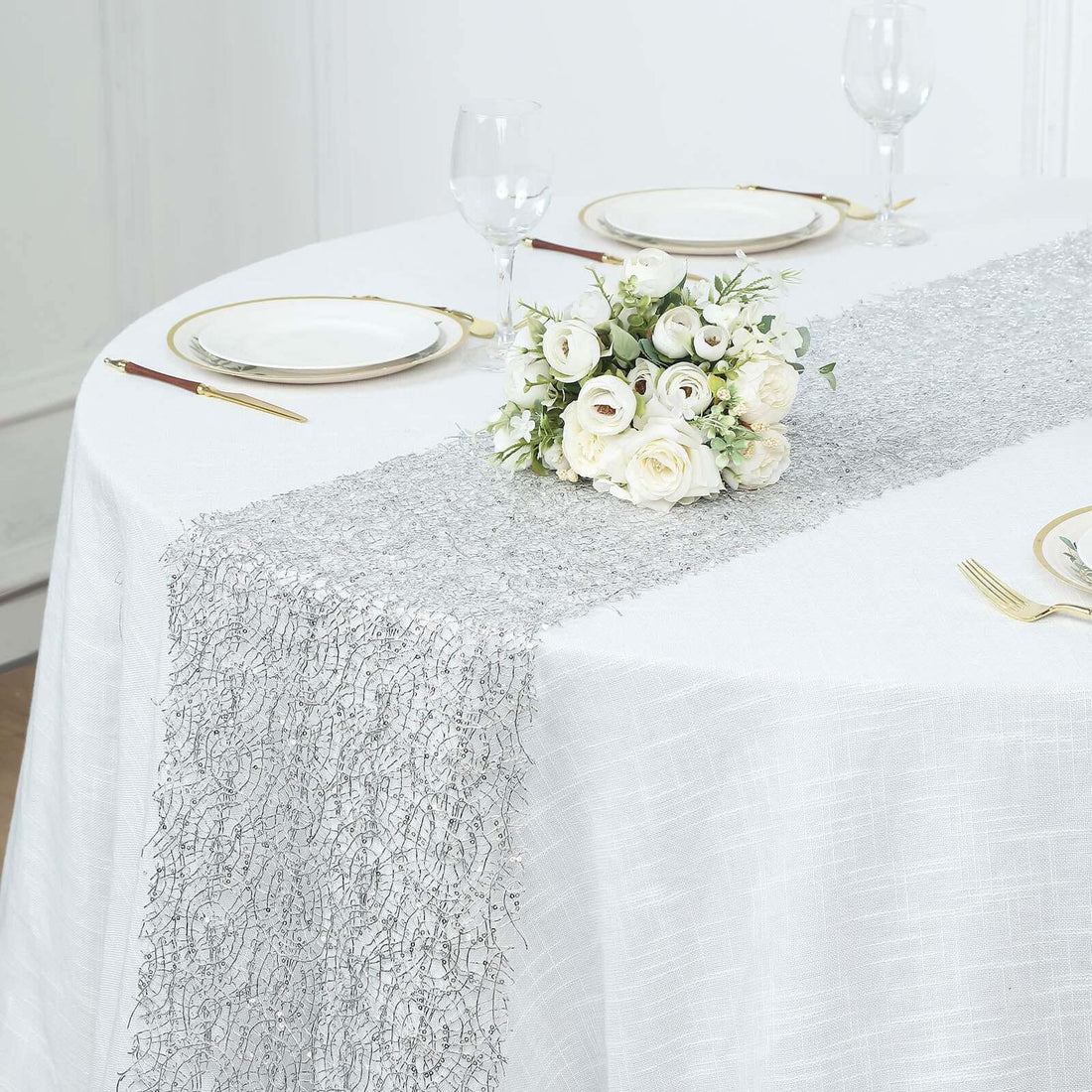 Schiffli Lace Table Runner 12"x108" Silver | eFavormart