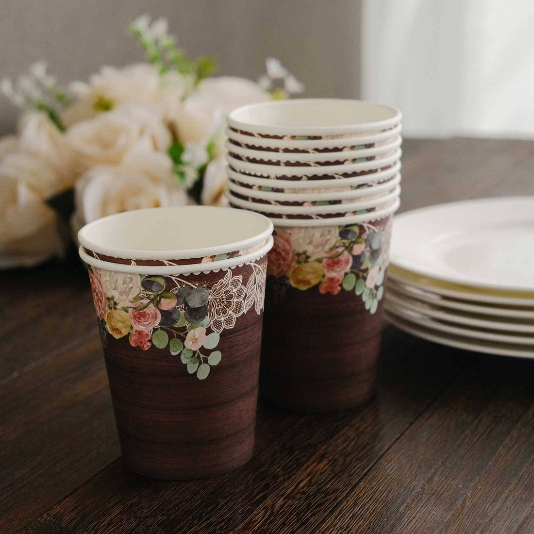 Wood Print Floral Lace Rim Paper Cups 9oz Brown | eFavormart