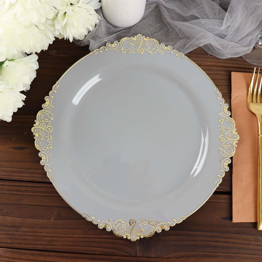 Leaf Embossed Rim Plastic 10" Dinner Plates Gray/Gold | eFavormart