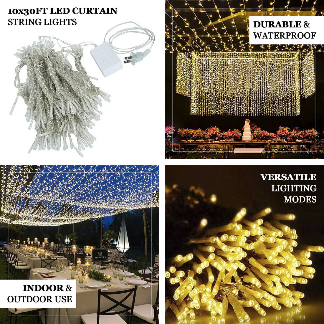 Warm White LED Curtain String Lights 10ftx30ft | eFavormart