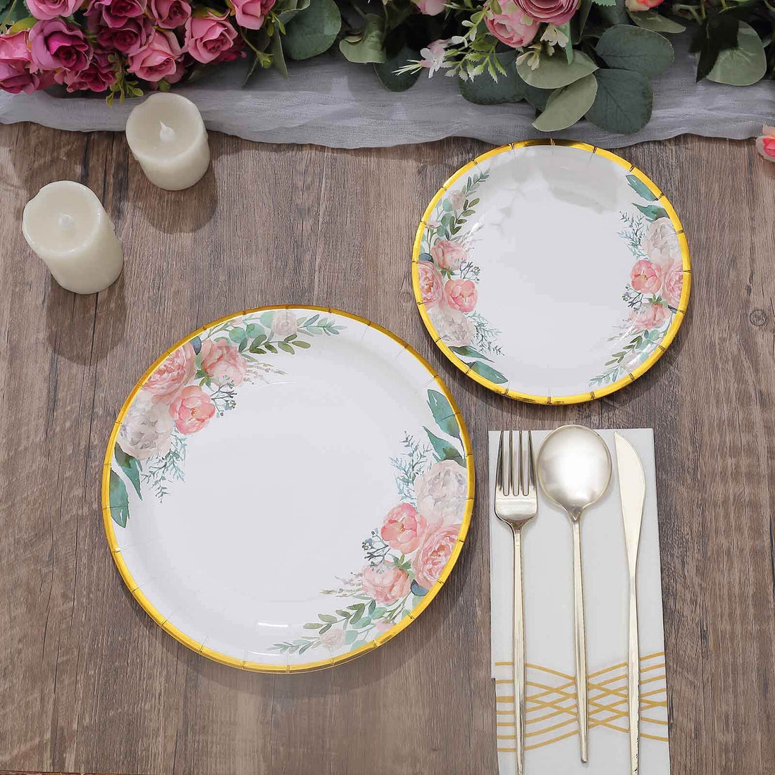 25pk 9" Round Plates Paper Peony Gold White | eFavormart
