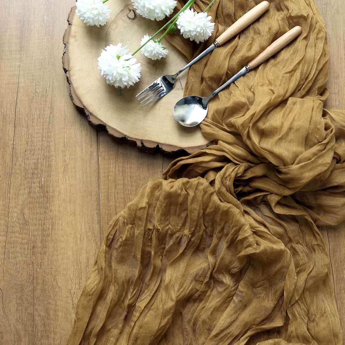 Cheesecloth Boho Table Runner 10ft Gold | eFavormart