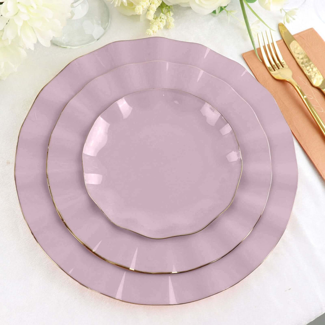 Plastic Round Ruffled Dinner Plates 11" Lavender/Gold | eFavormart