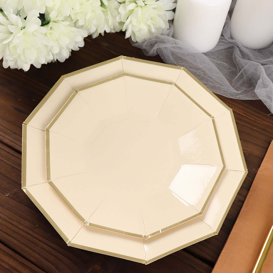 Paper Decagon Dinner Plates 9" Beige/Gold | eFavormart