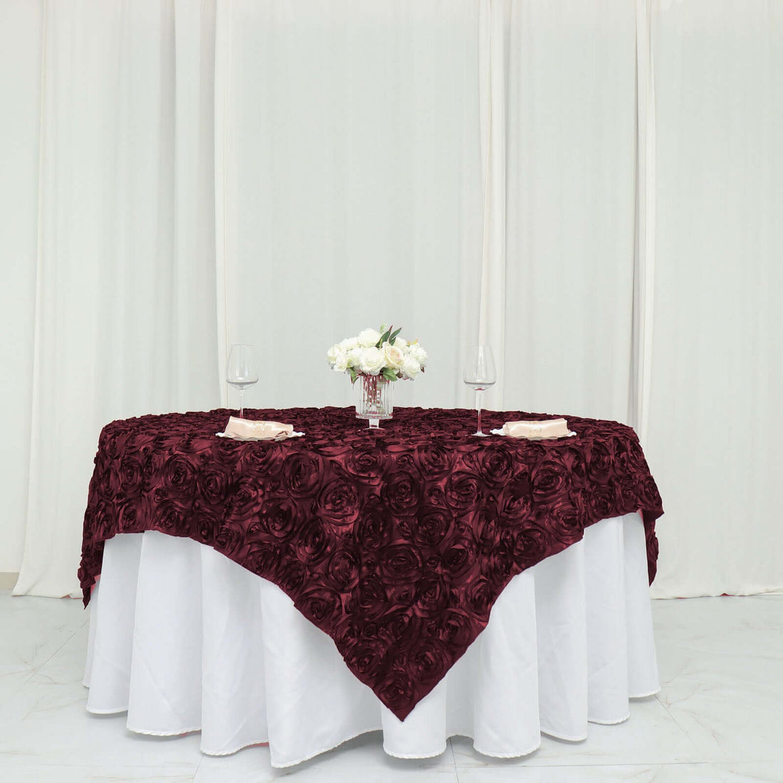 Rosette Satin Overlay 72"x72" Burgundy | eFavormart