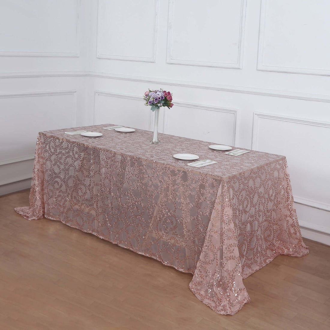 Embroidered Leaf Sequin Tablecloth 90"x156" Rose Gold | eFavormart