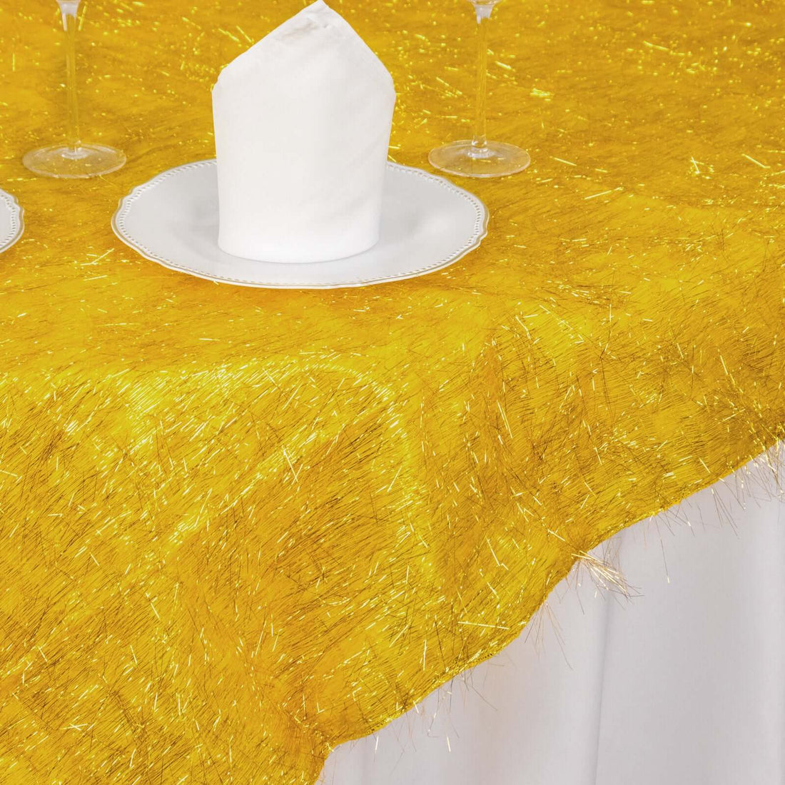 Fringe Tinsel Table Overlay 72"x72" Gold | eFavormart
