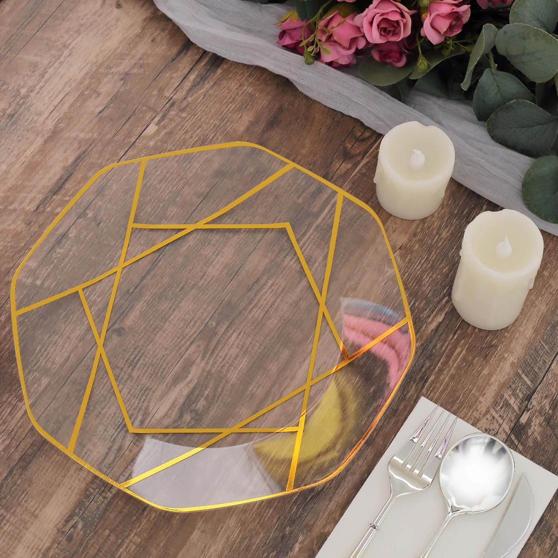 Plastic Octagon Dinner Plates 10" Clear/Gold | eFavormart