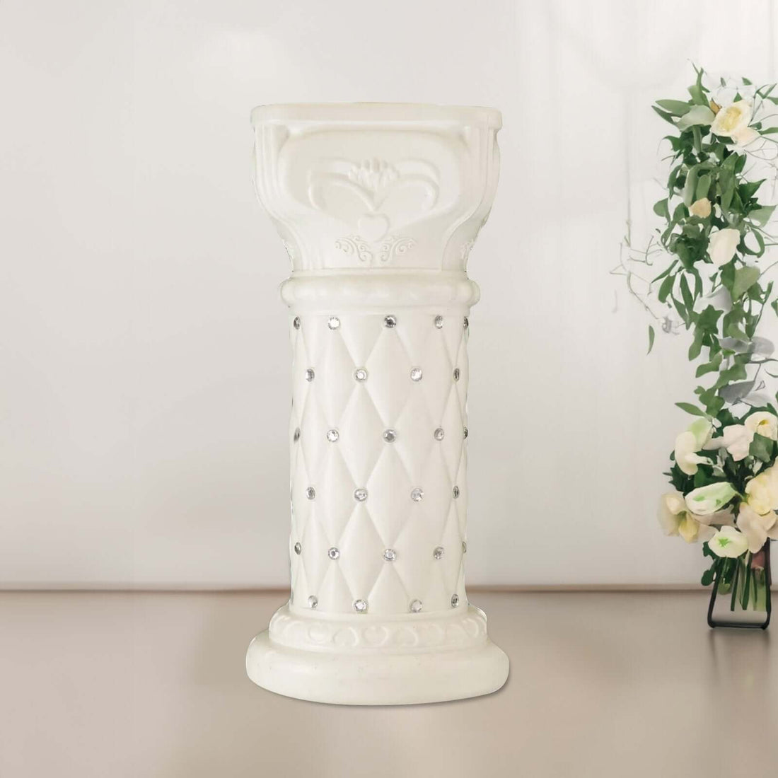 2 Pack White Crystal Beaded Pillar Stand | eFavormart