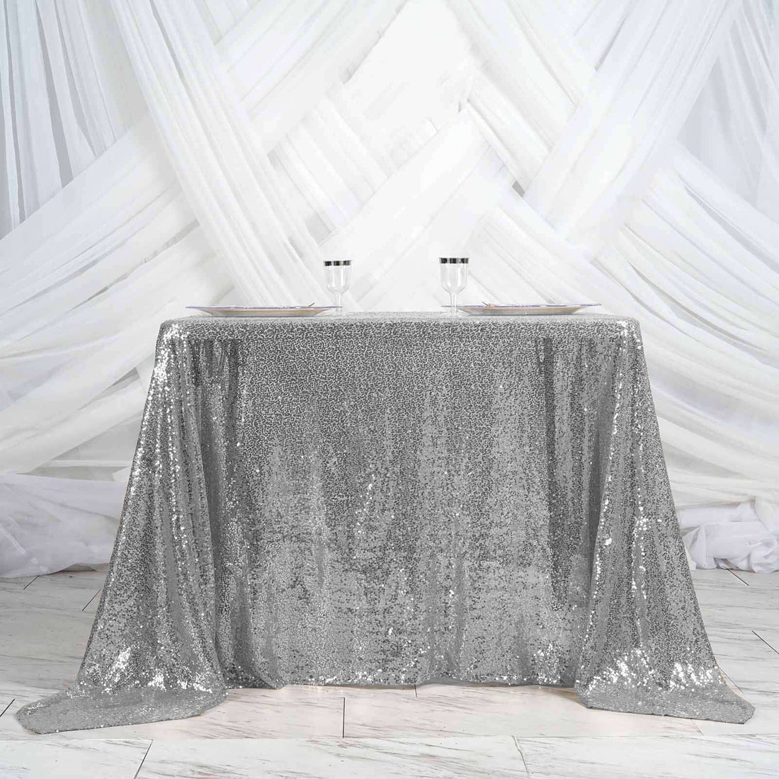 Sequin Table Overlay 90"x90" Silver | eFavormart