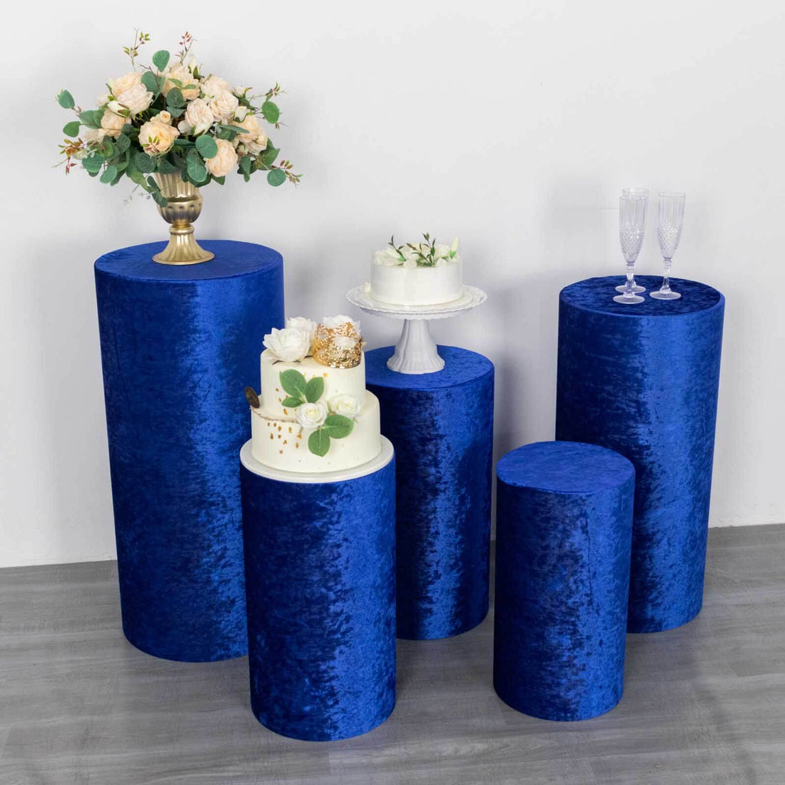 5 Royal Blue Velvet Cylinder Pillar Prop Covers | eFavormart