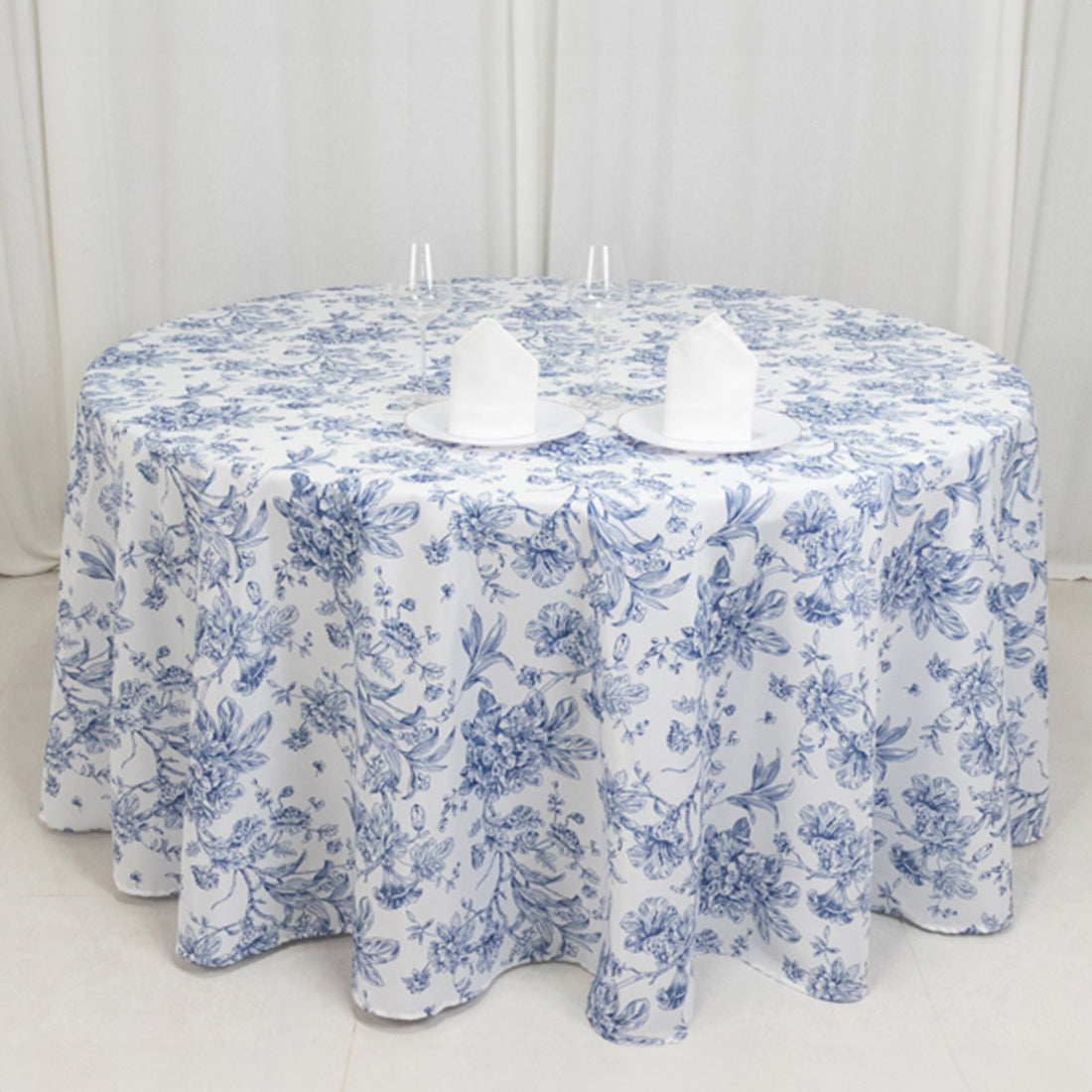 120" Blue Toile Polyester Tablecloth | eFavormart
