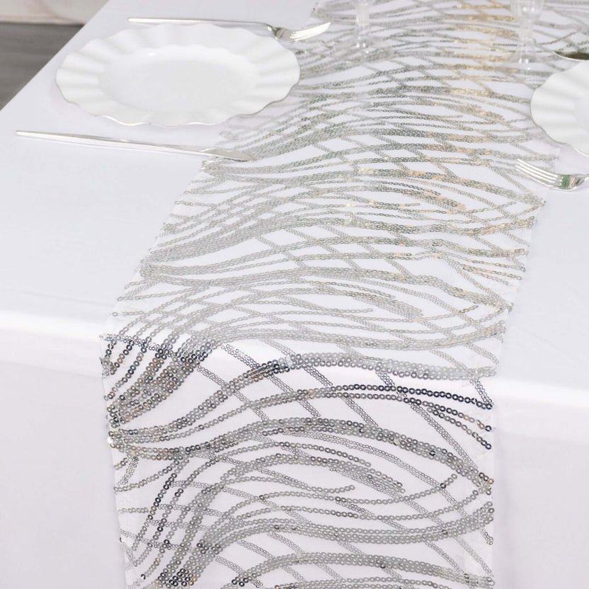 Wave Sequin Table Runner 12"x108" Silver | eFavormart
