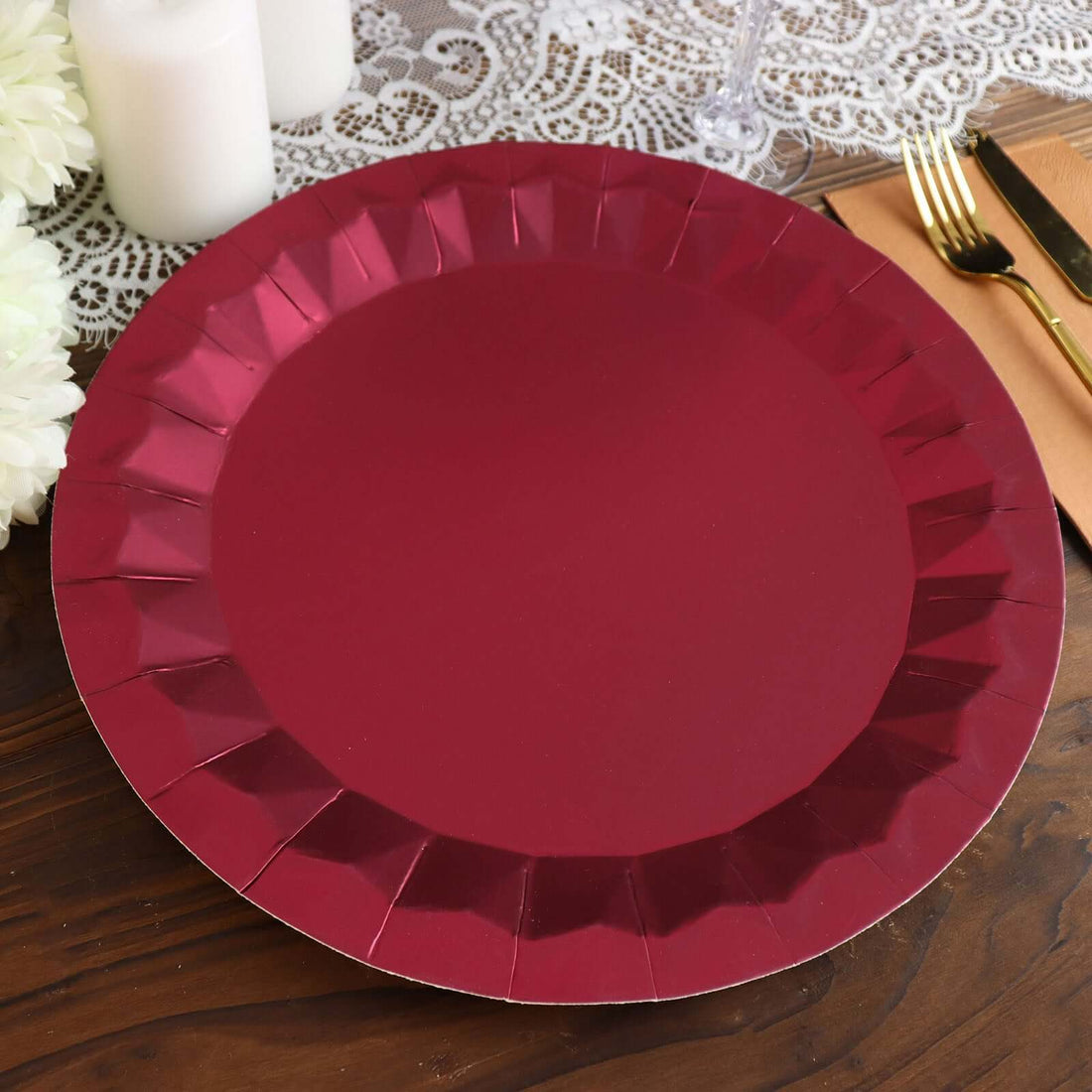 Paper Round Geometric Charger Plates 12" Burgundy | eFavormart