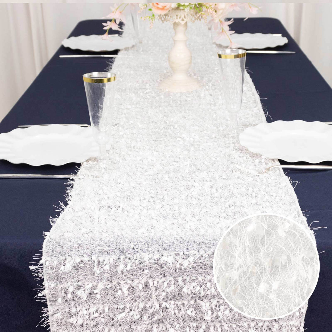 Fringe Shag Polyester Table Runner 12"x108" White | eFavormart