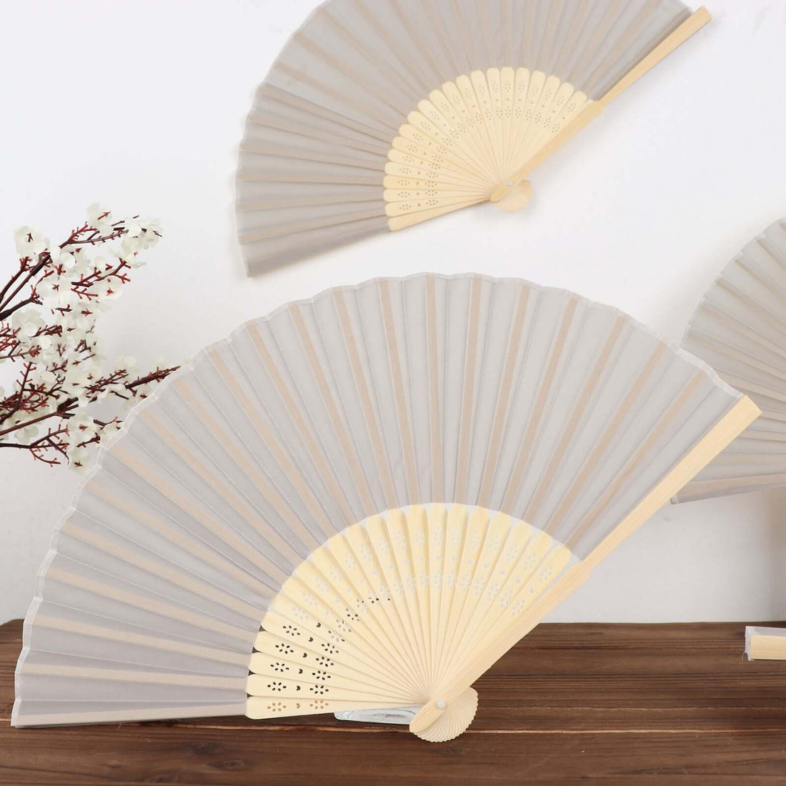 5-Pack Silver Asian Silk Folding Fans | eFavormart