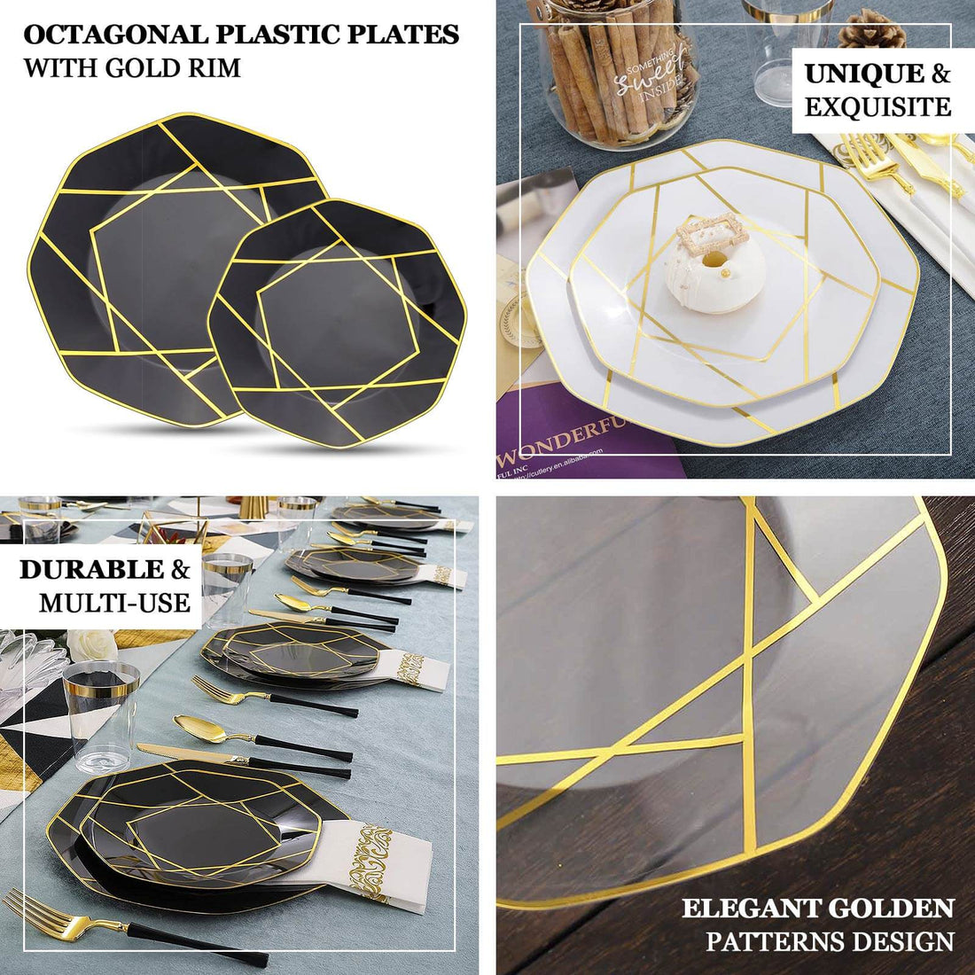 Plastic Octagon Dinner Plates 10" Black/Gold | eFavormart