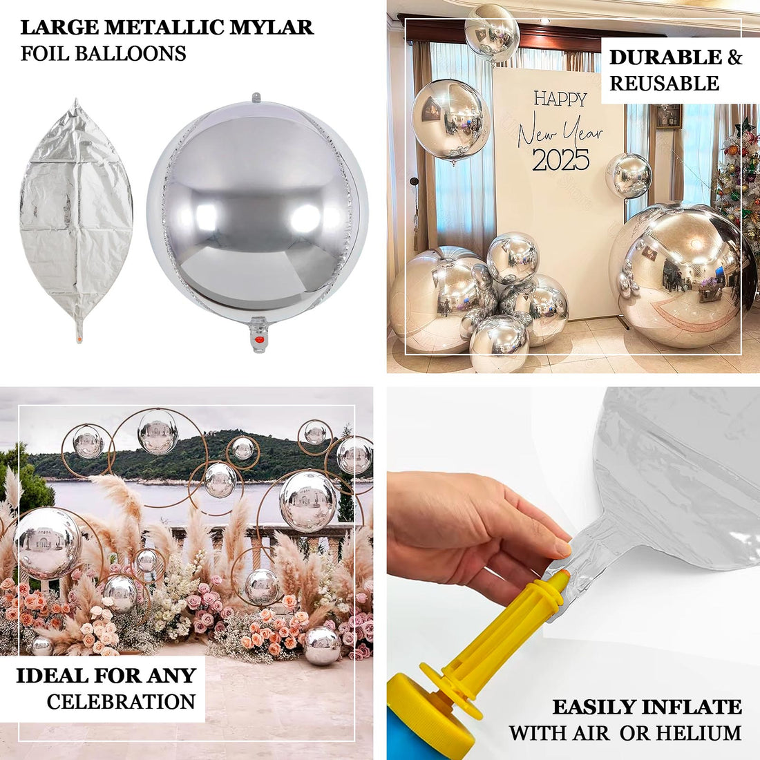 32" Silver 4D Orbz Mylar Foil Balloons 4-Pack | eFavormart