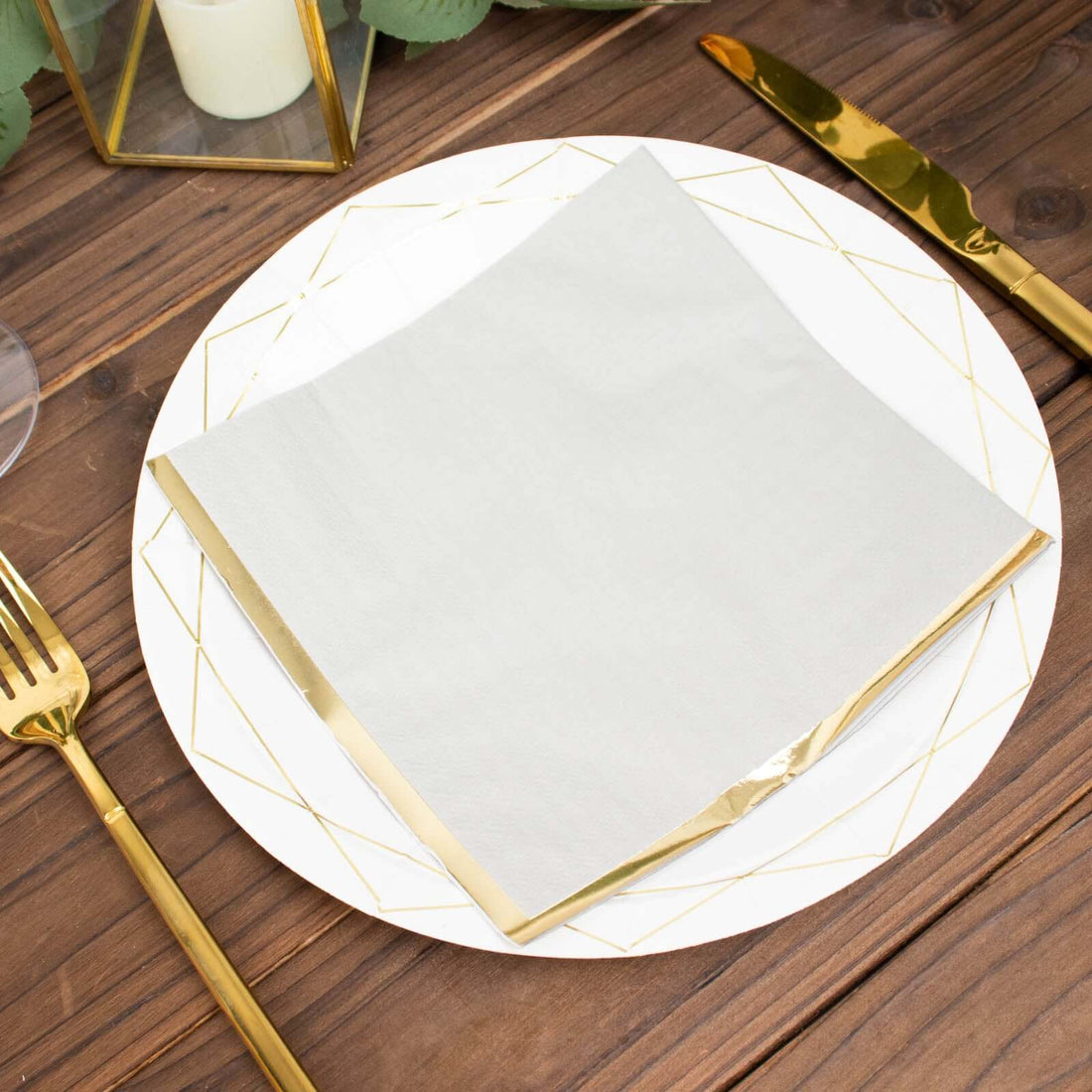 Paper Beverage Napkins 6.5"x6.5" Gray with Gold Foil Edge | eFavormart