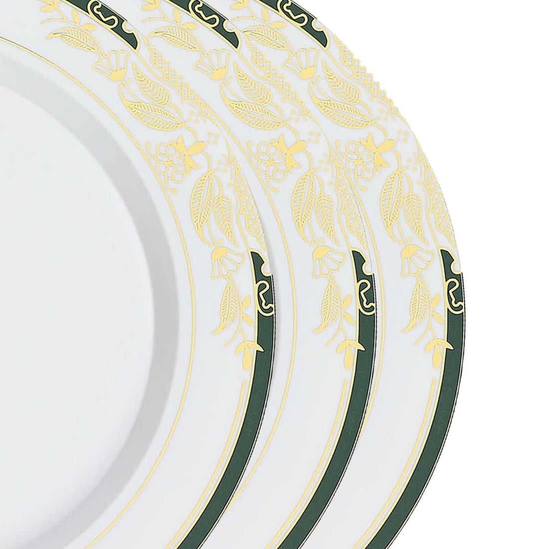 Plastic Gold Vine Dinner Plates 10" White/Emerald Green | eFavormart