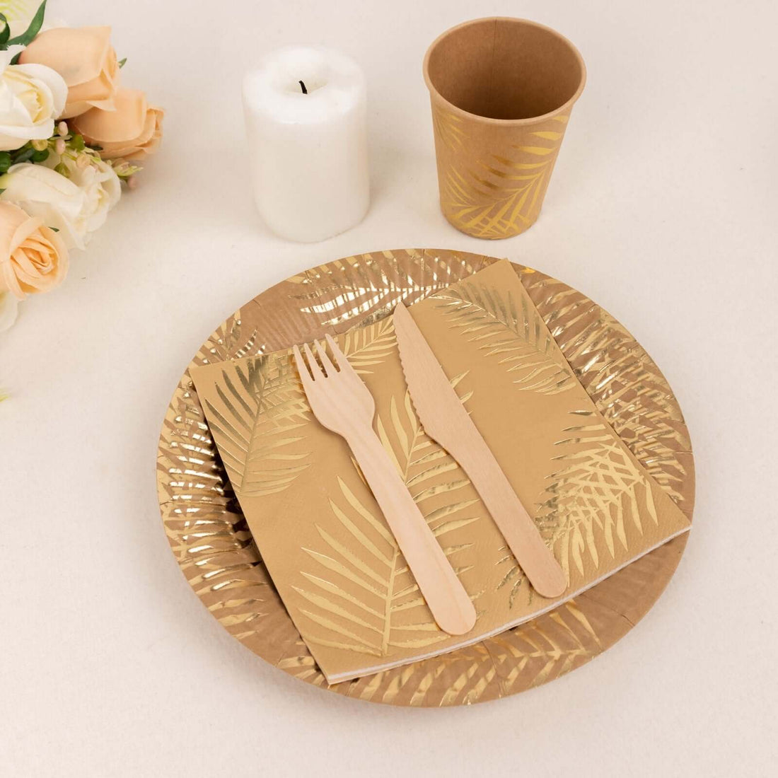 72pc Paper Dinnerware Set Gold Foil Palm Natural | eFavormart