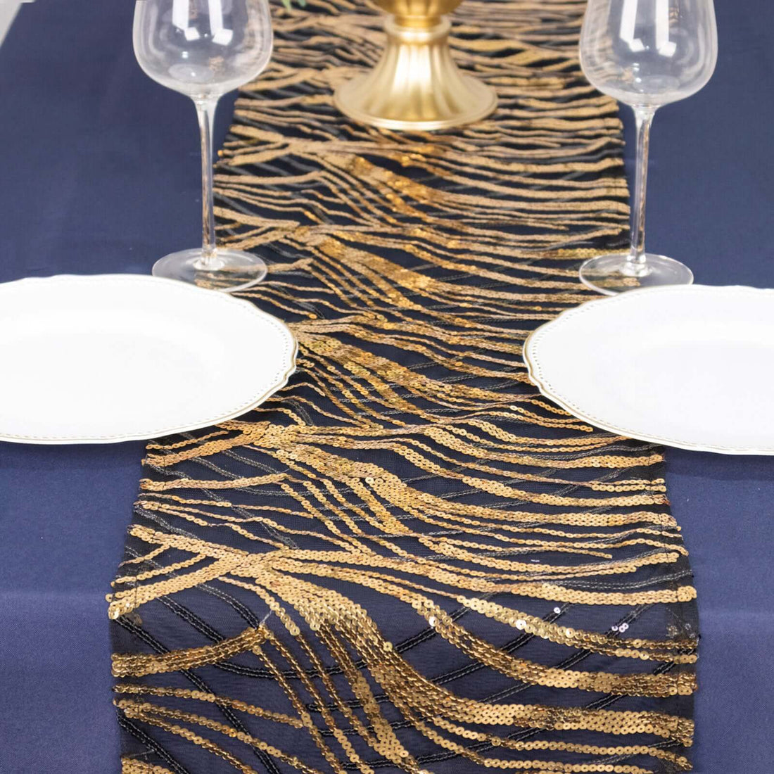 Sequin Table Runner 12"x108" Black Gold | eFavormart