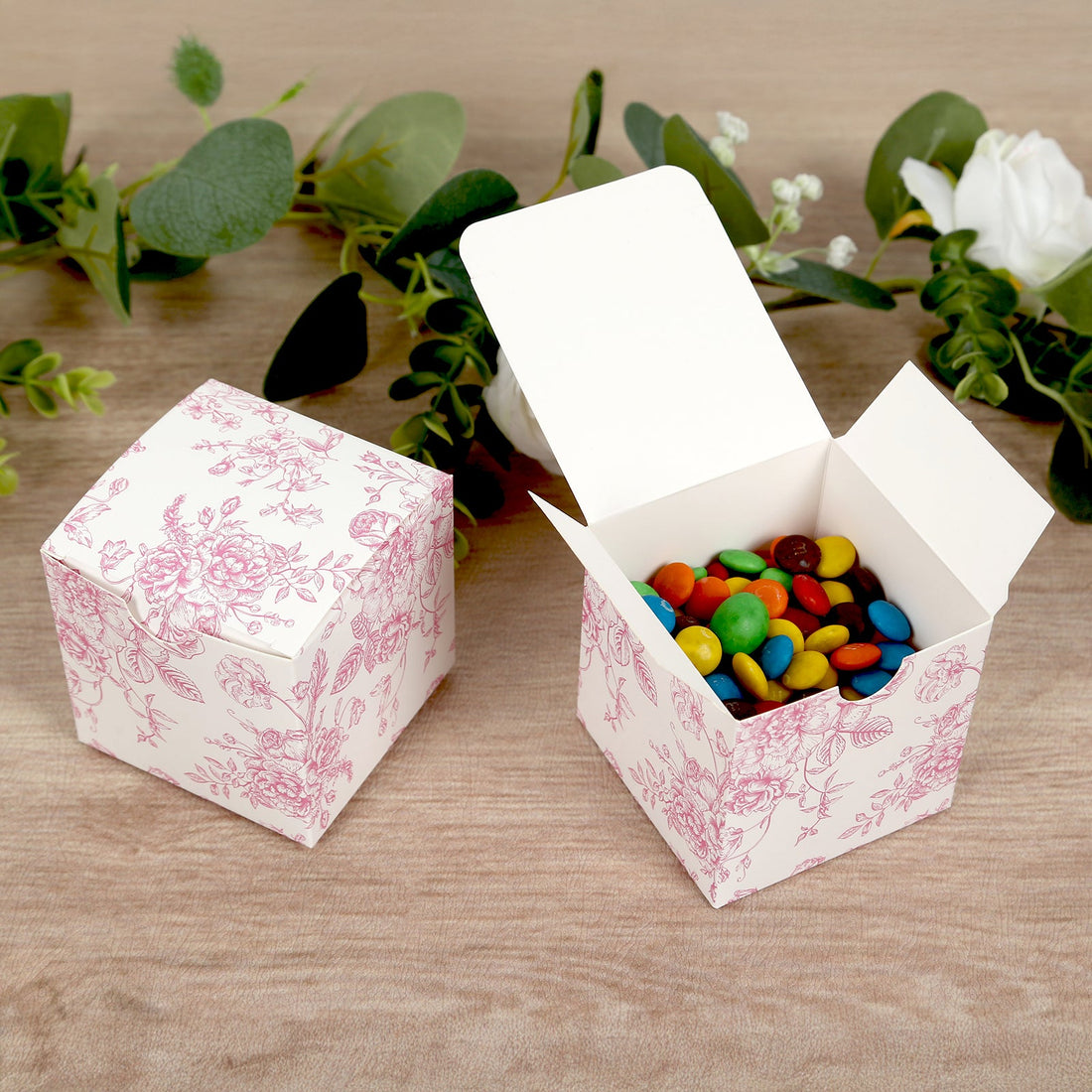 25 Pack White Pink Floral Candy Boxes | eFavormart