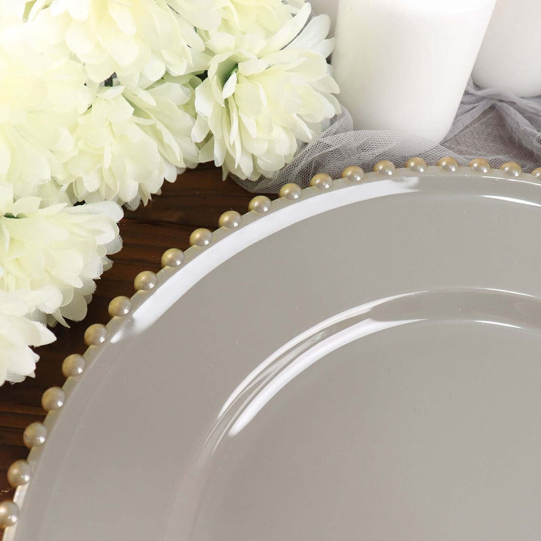 Beaded Rim Acrylic Charger Plates Charcoal Gray 13" | eFavormart