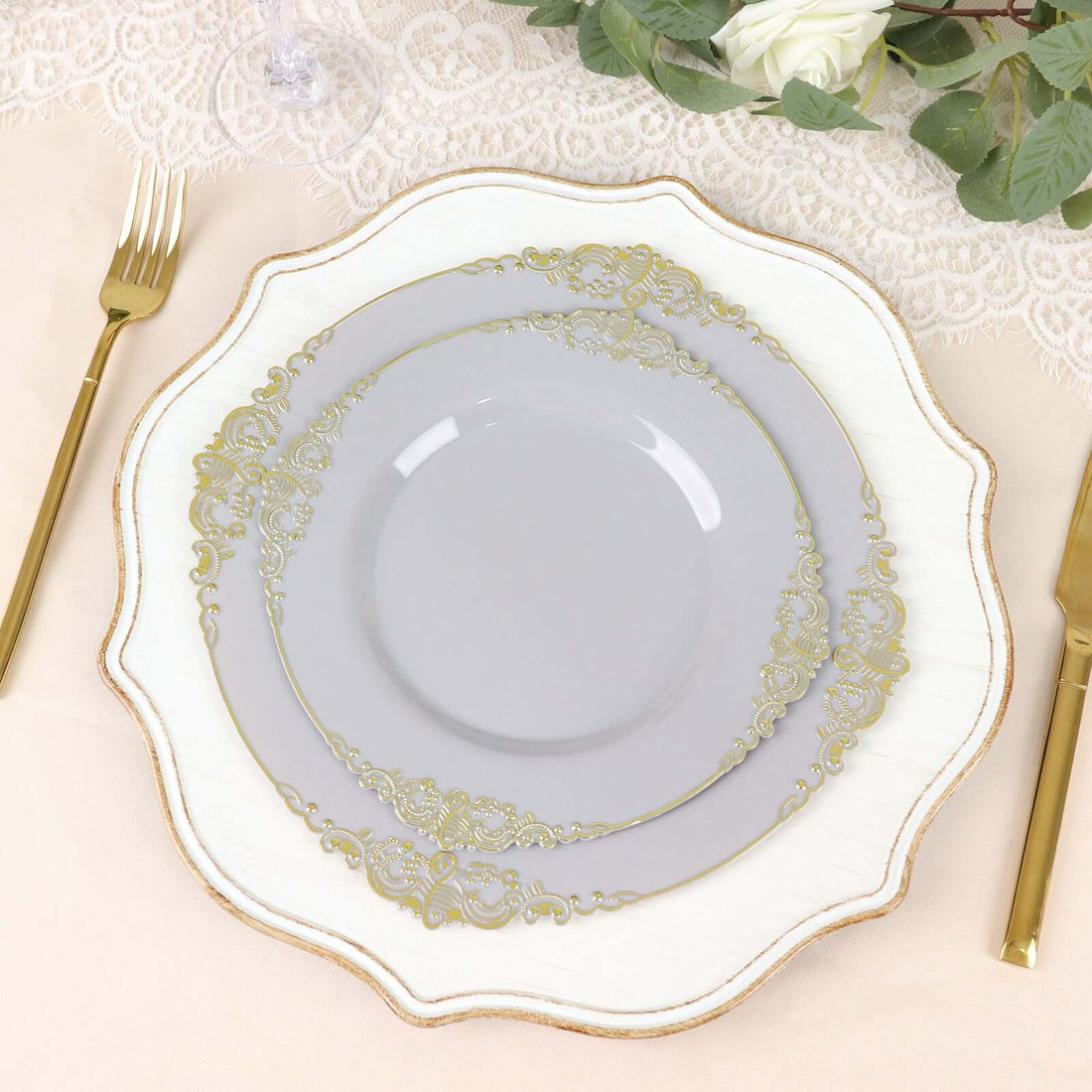 Leaf Embossed Rim Plastic 8" Salad Plates Gray/Gold | eFavormart