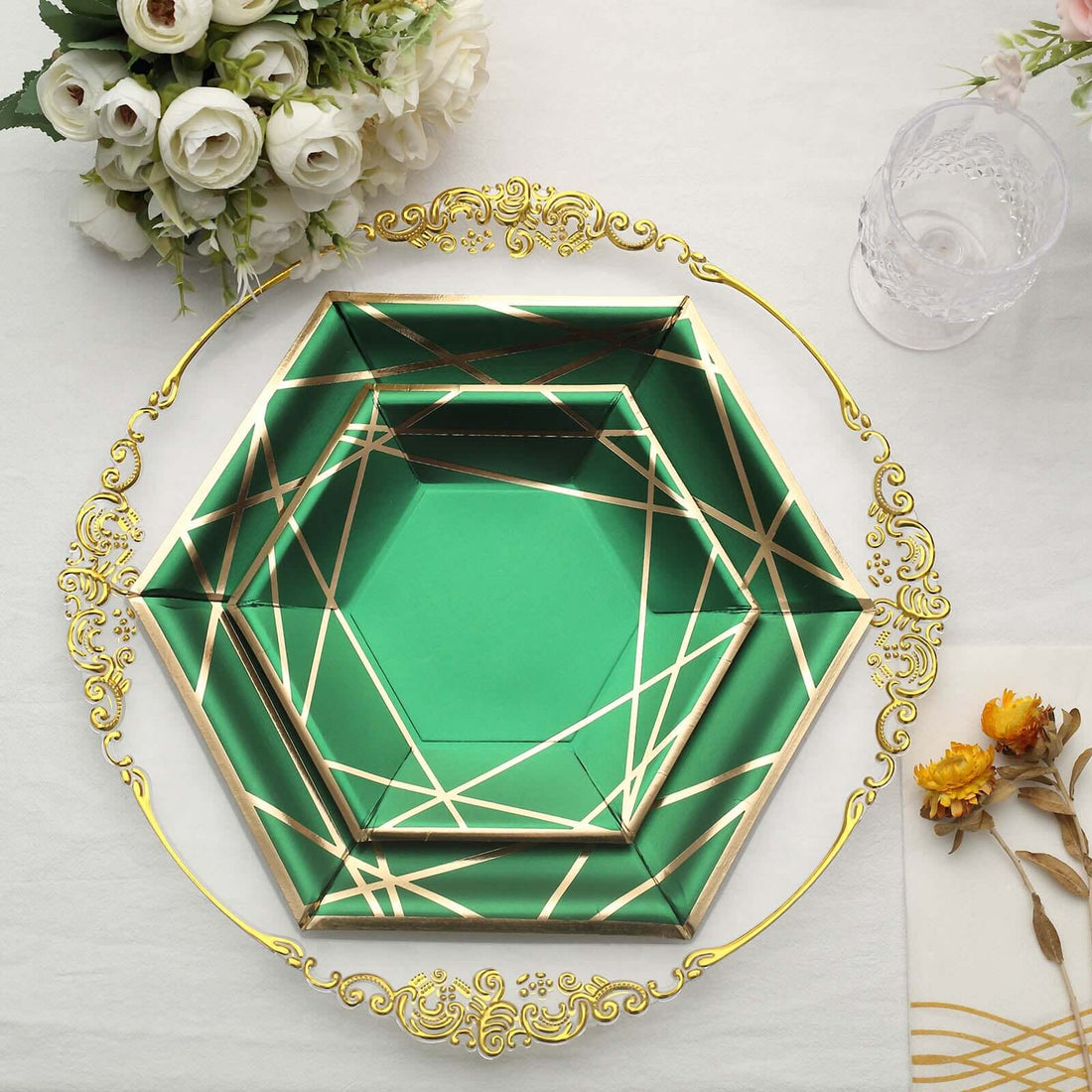 25pk 7" Hexagon Plates Paper Gold Rim Emerald | eFavormart