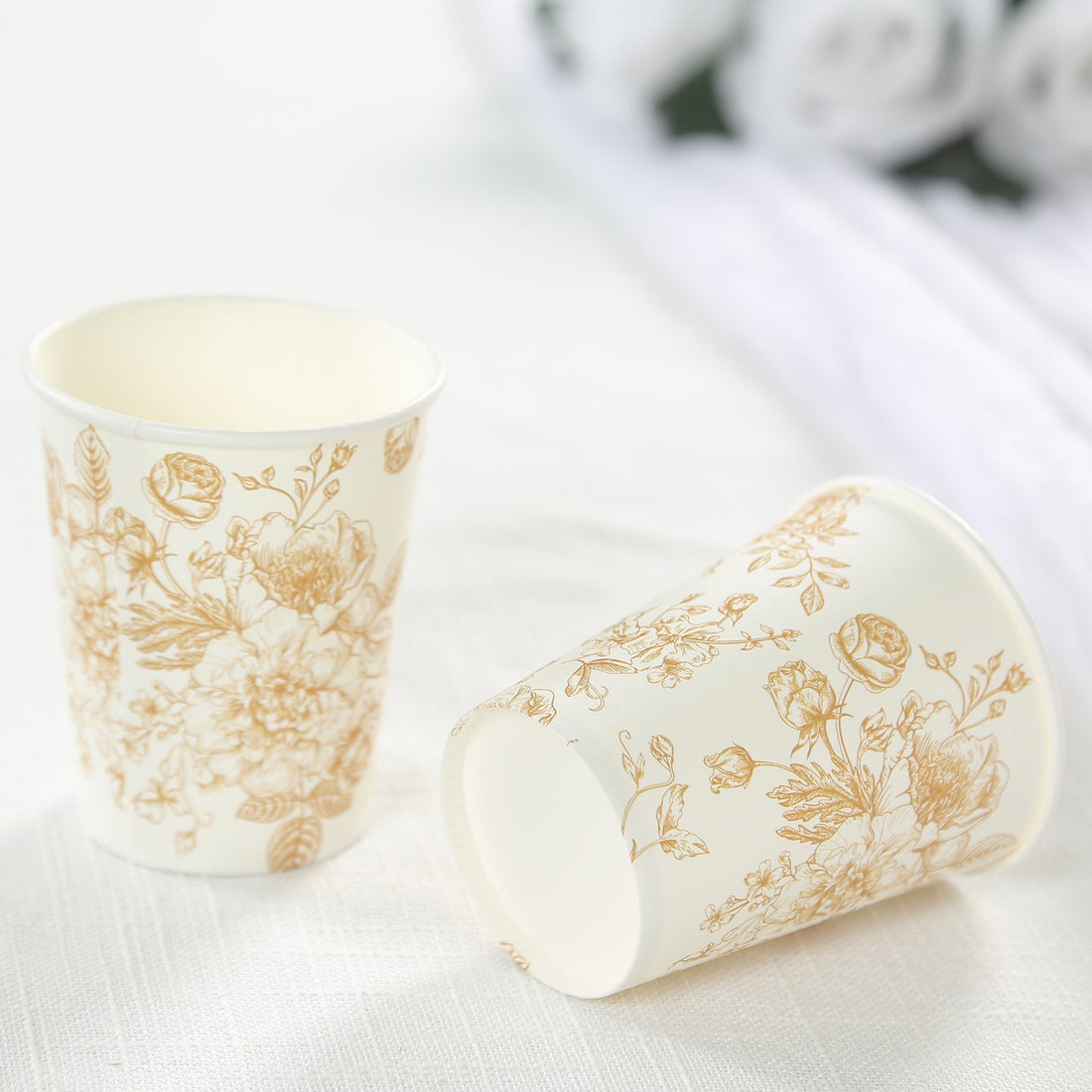 French Toile Paper Cups 9oz White/Gold | eFavormart