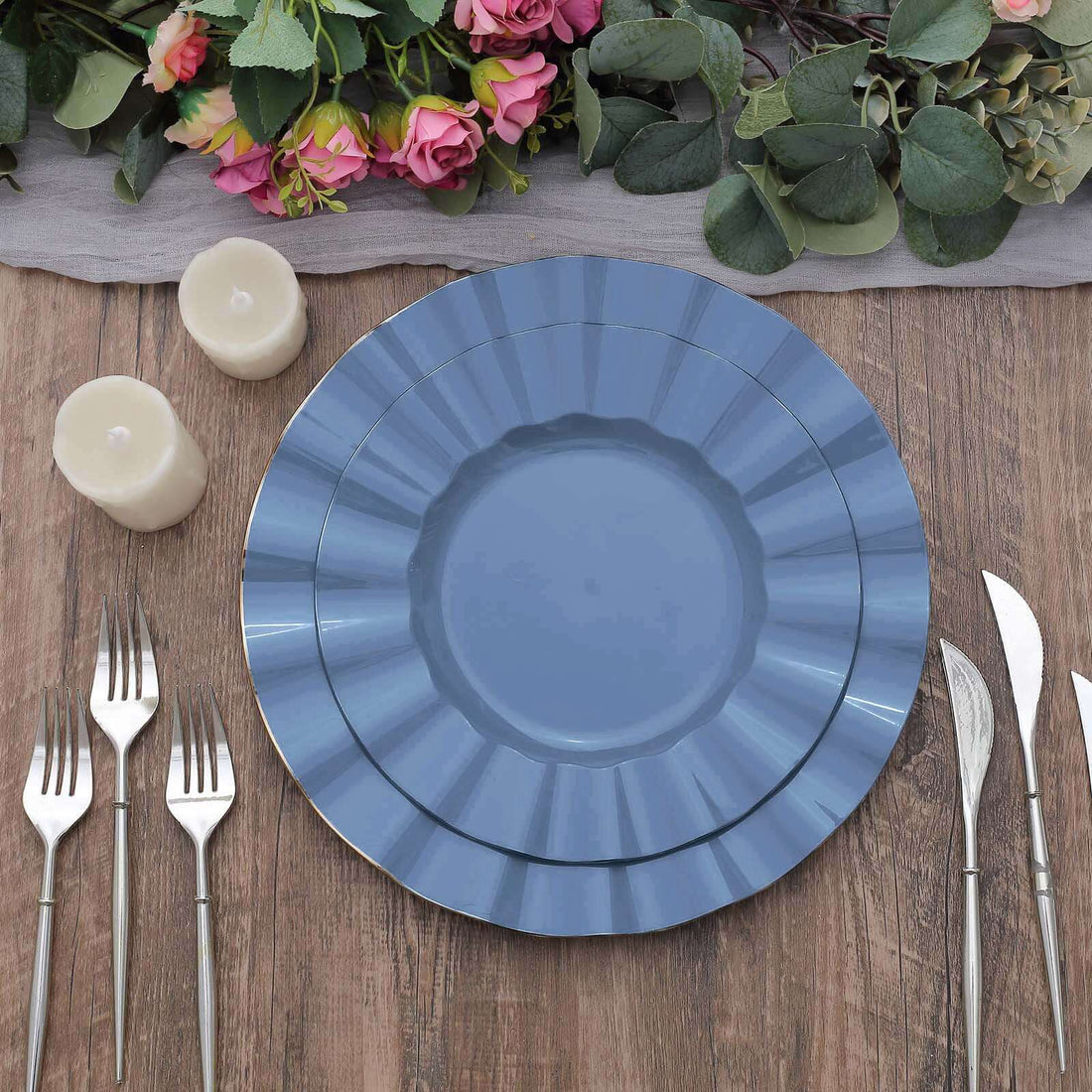 Plastic Round Ruffled Dinner Plates 11" Ocean Blue/Gold | eFavormart