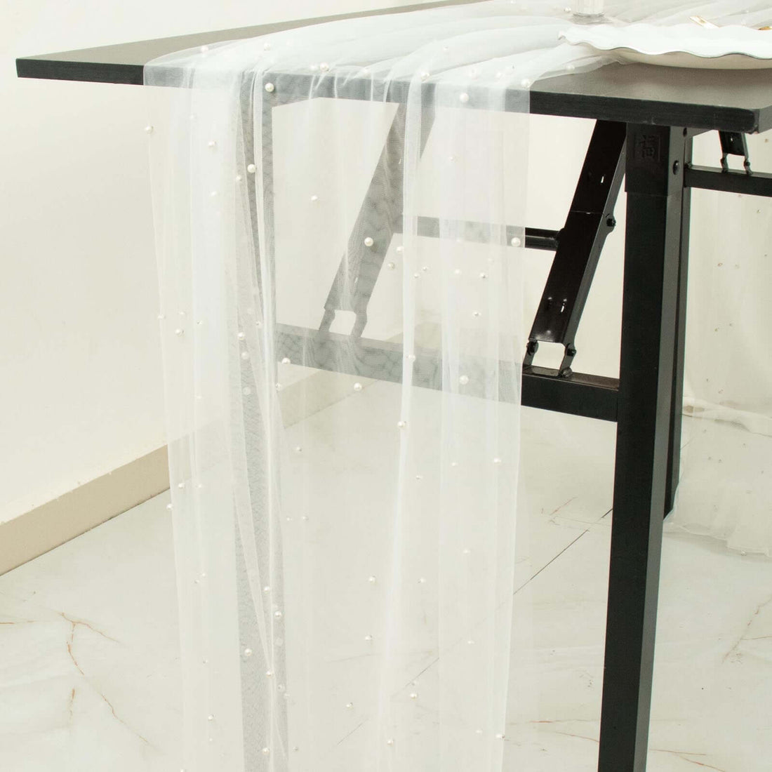 Pearl Embellished Tulle Table Runner 8"x120" White | eFavormart