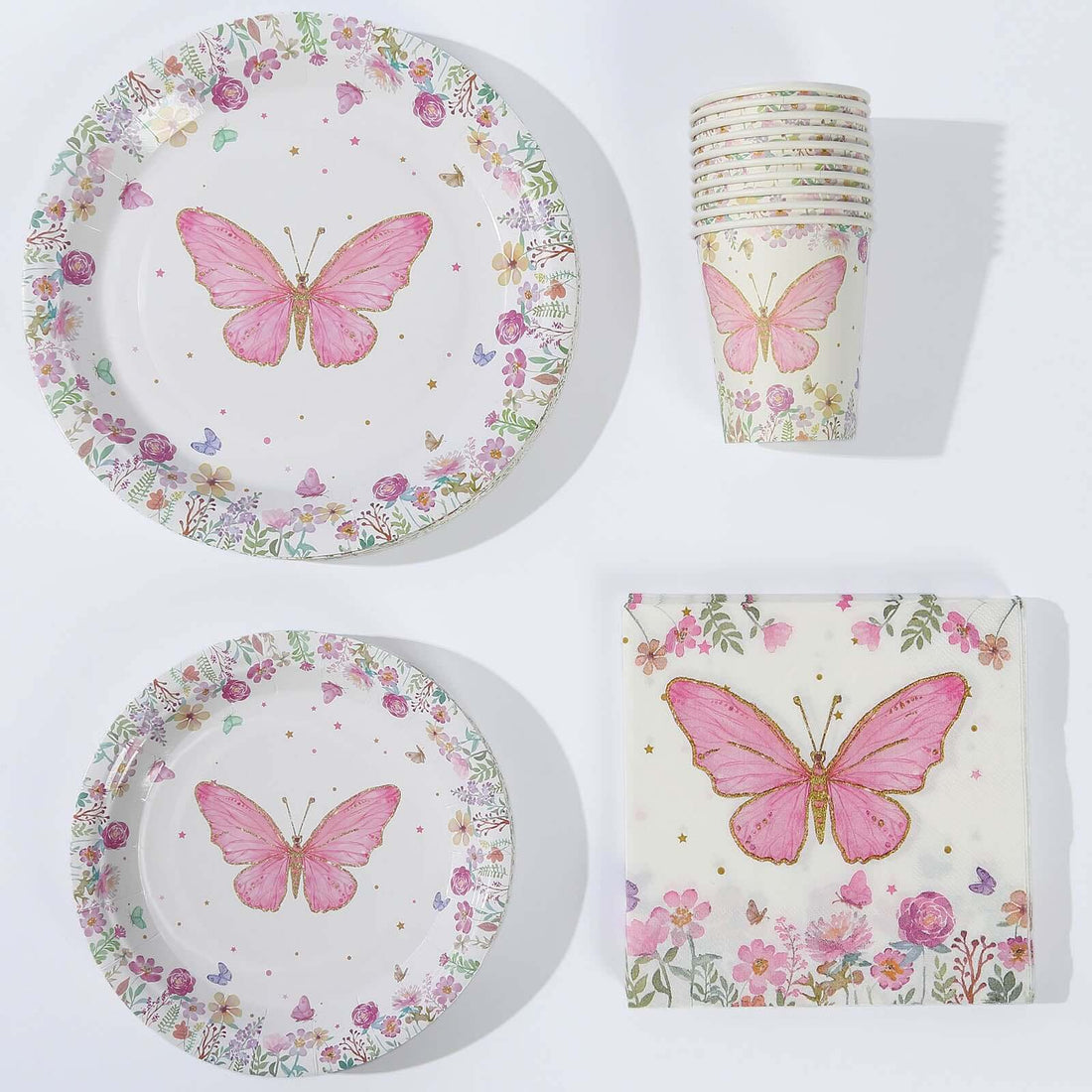 Paper Dinnerware Set White/Pink with Butterfly Print | eFavormart