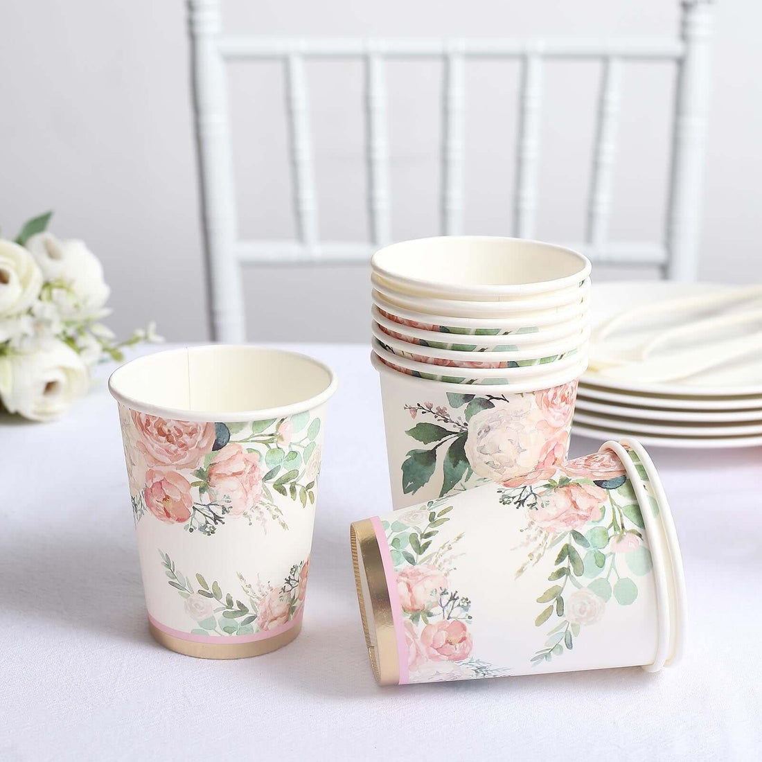 Peony Flower Gold Foil Paper Cups 9oz Pink | eFavormart