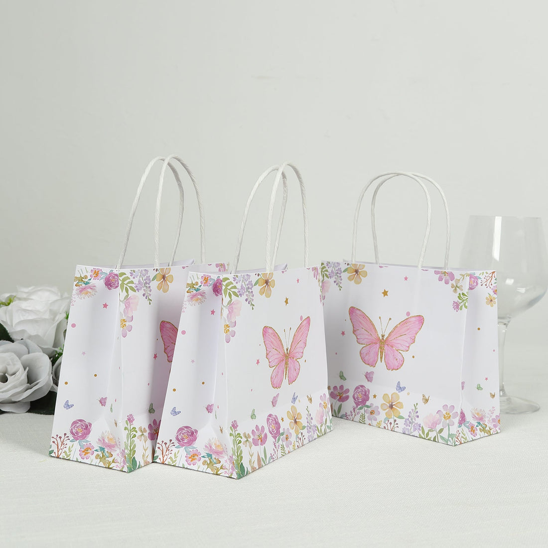 Floral Pink Glitter Butterfly Gift Bags | eFavormart
