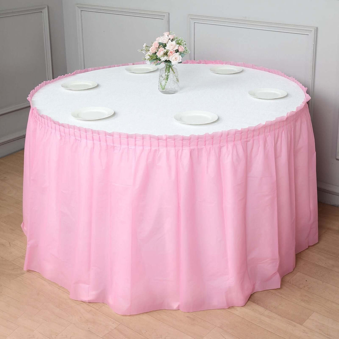 5 Pack Plastic Ruffled Table Skirts 14ft Pink | eFavormart